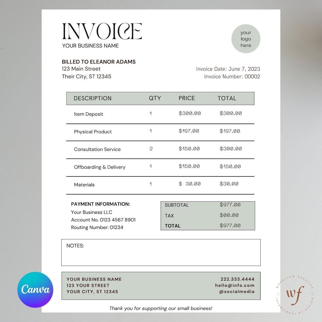 Green Invoice Template, Boho Small Business, Payable To, Payment Slip ...