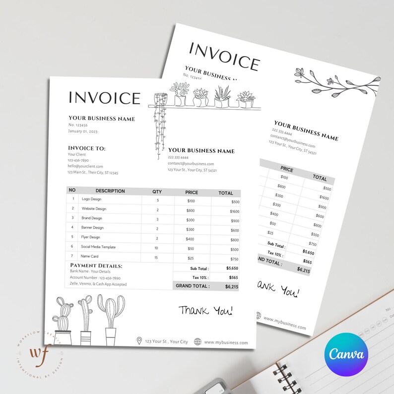 Botanical Theme Invoice Bundle, Small Business Accounting, Customizable ...