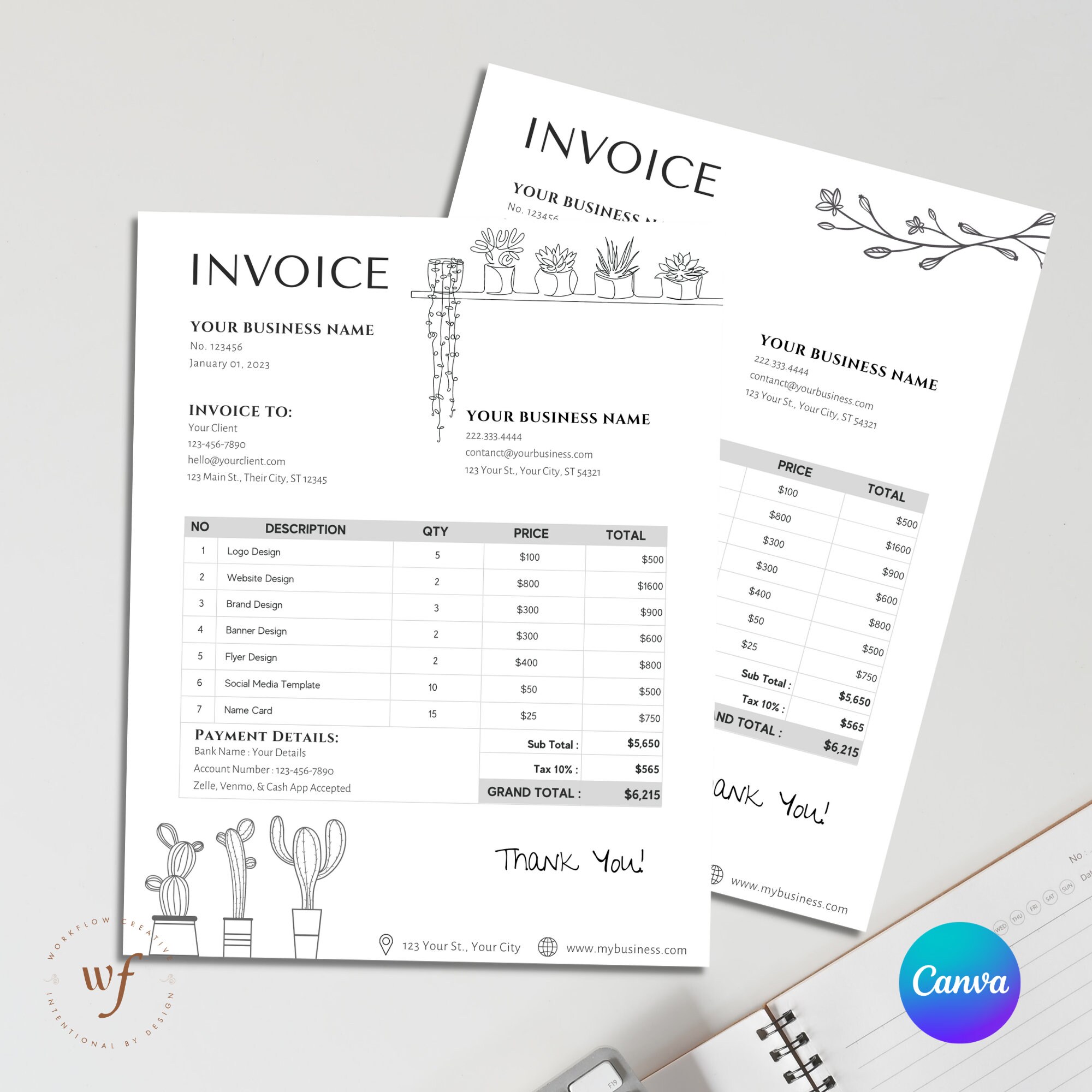 Botanical Theme Invoice Bundle, Small Business Accounting, Customizable ...