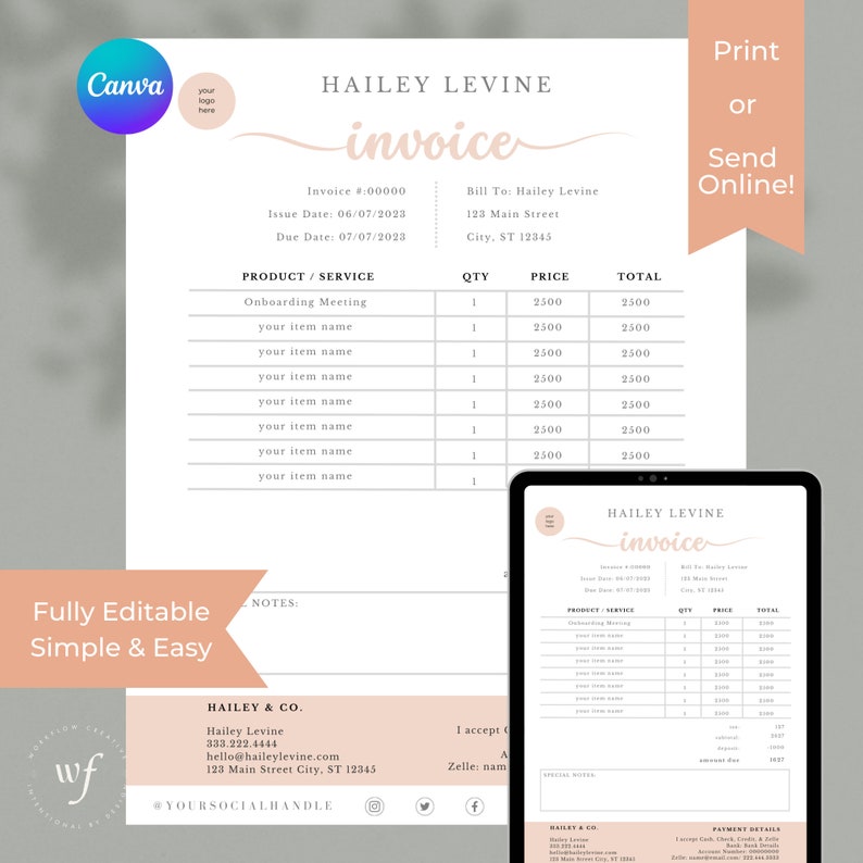 Peach Invoice and Receipt Template, Boho Bill Statement, Cash Payment ...