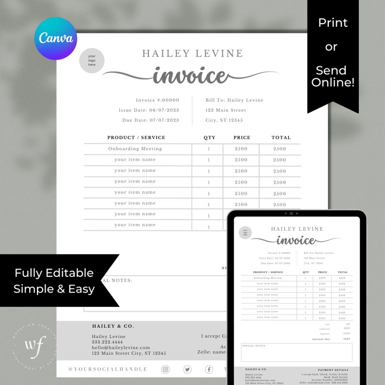 Invoice and Receipt Template Black and White Document Bill - Etsy