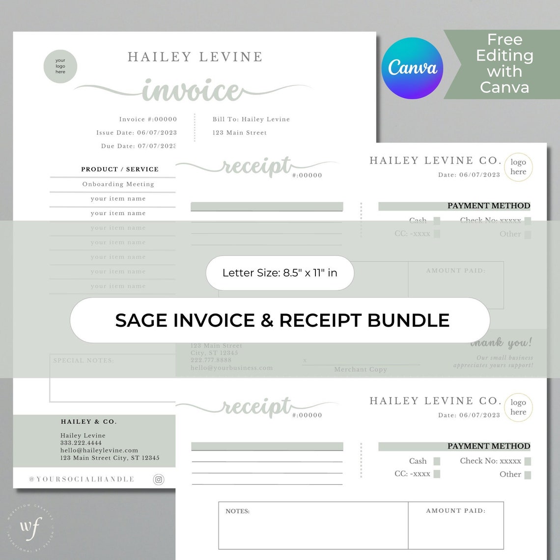 Sage Invoice and Receipt Template, Boho Bill Statement, Pay Slip, Proof ...