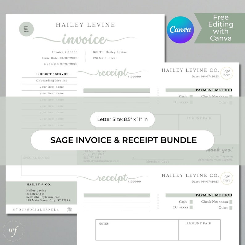 Sage Invoice and Receipt Template, Boho Bill Statement, Pay Slip, Proof ...