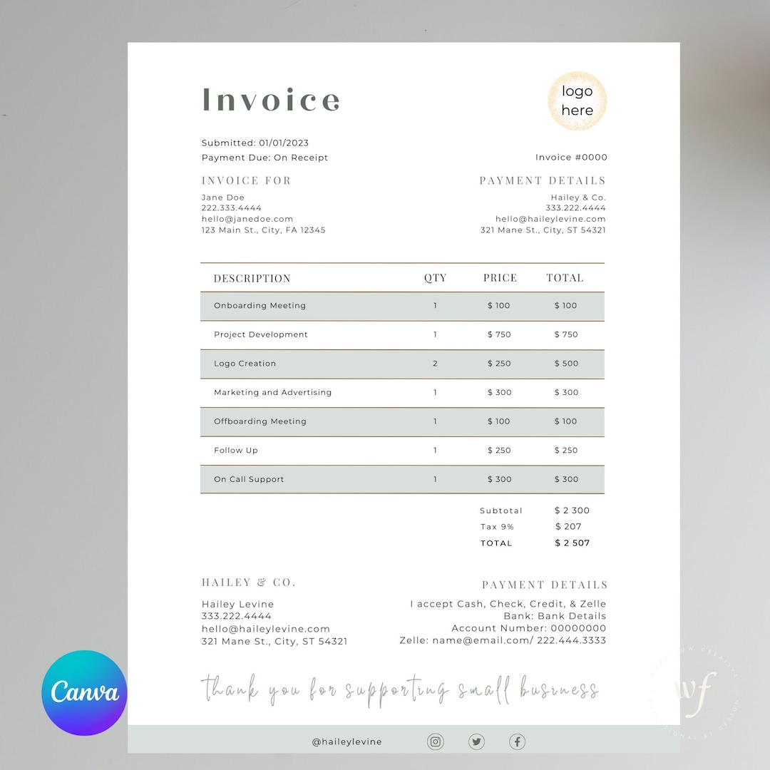 Green Invoice Template, Boho Small Business, Payable to Form ...