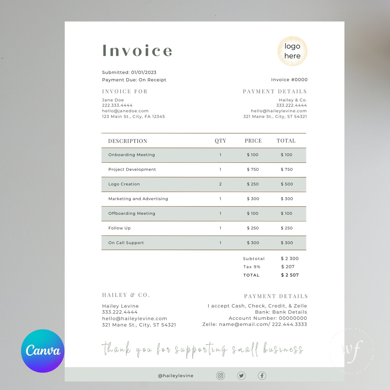 Green Invoice Template, Boho Small Business, Payable to Form ...