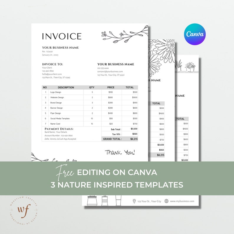 Botanical Theme Invoice Bundle, Small Business Accounting, Customizable ...