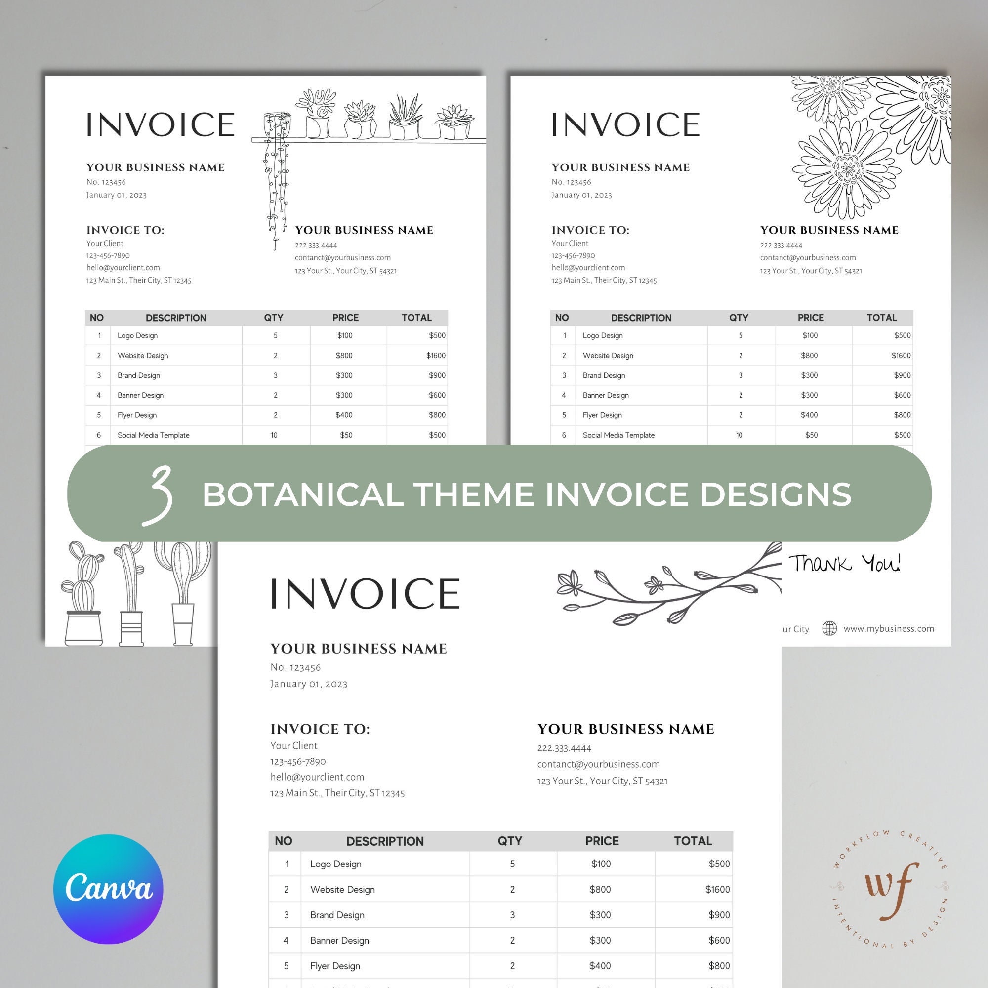 Botanical Theme Invoice Bundle, Small Business Accounting, Customizable ...