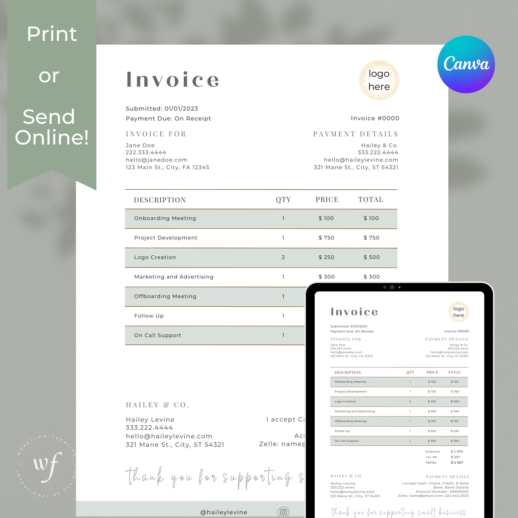 Green Invoice Template, Boho Small Business, Payable to Form ...