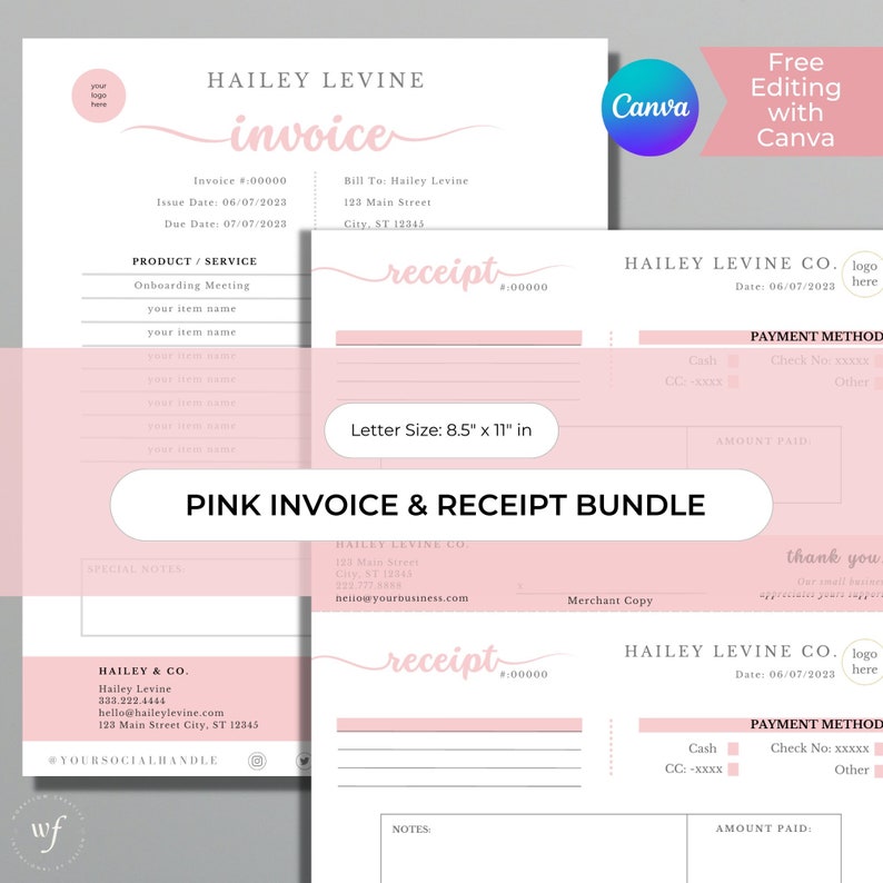 Pink Invoice and Receipt Template, Blush Document, Bill Statement, Pay ...