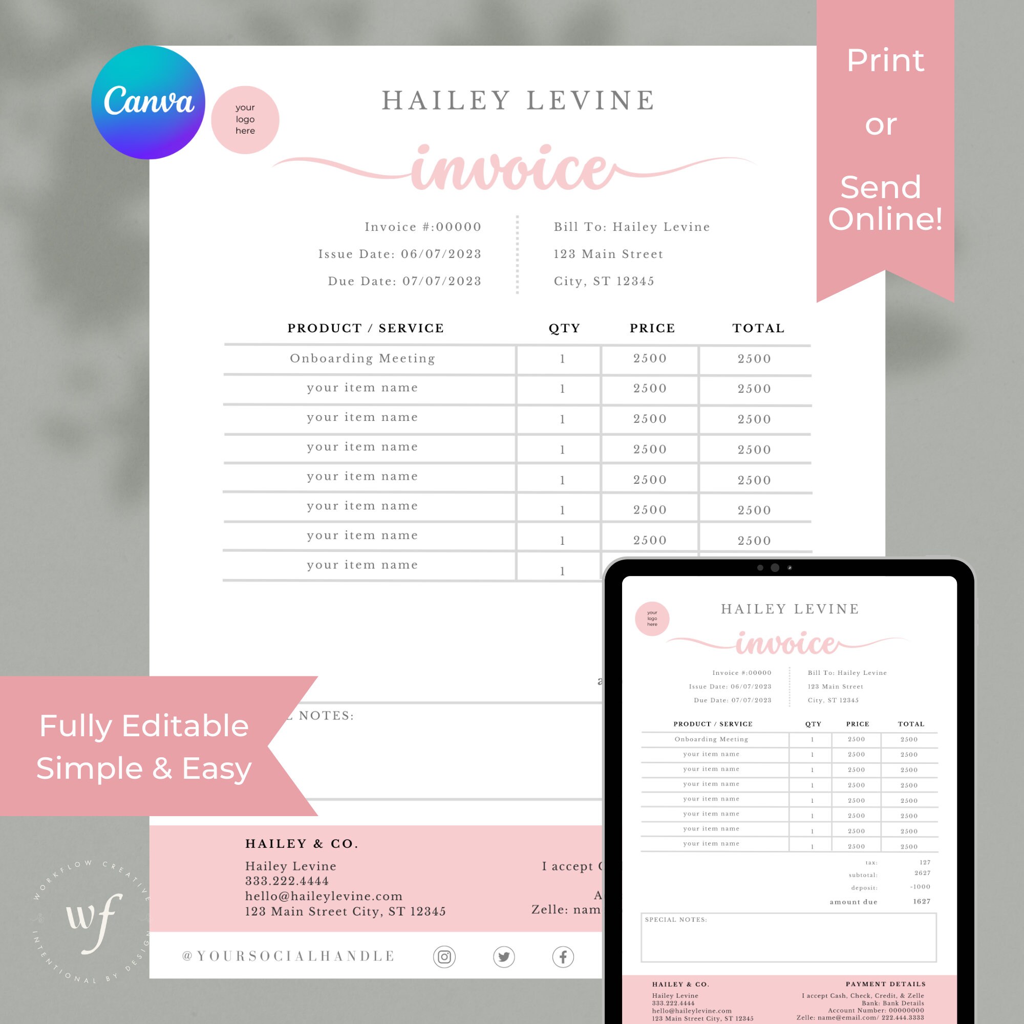 Pink Invoice and Receipt Template, Blush Document, Bill Statement, Pay ...