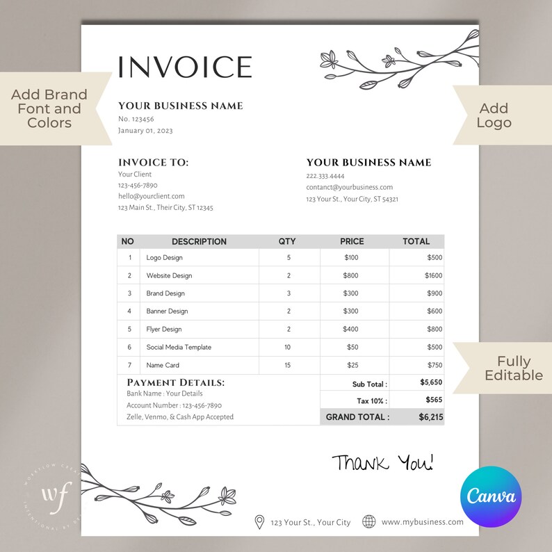 Botanical Theme Invoice Bundle, Small Business Accounting, Customizable ...
