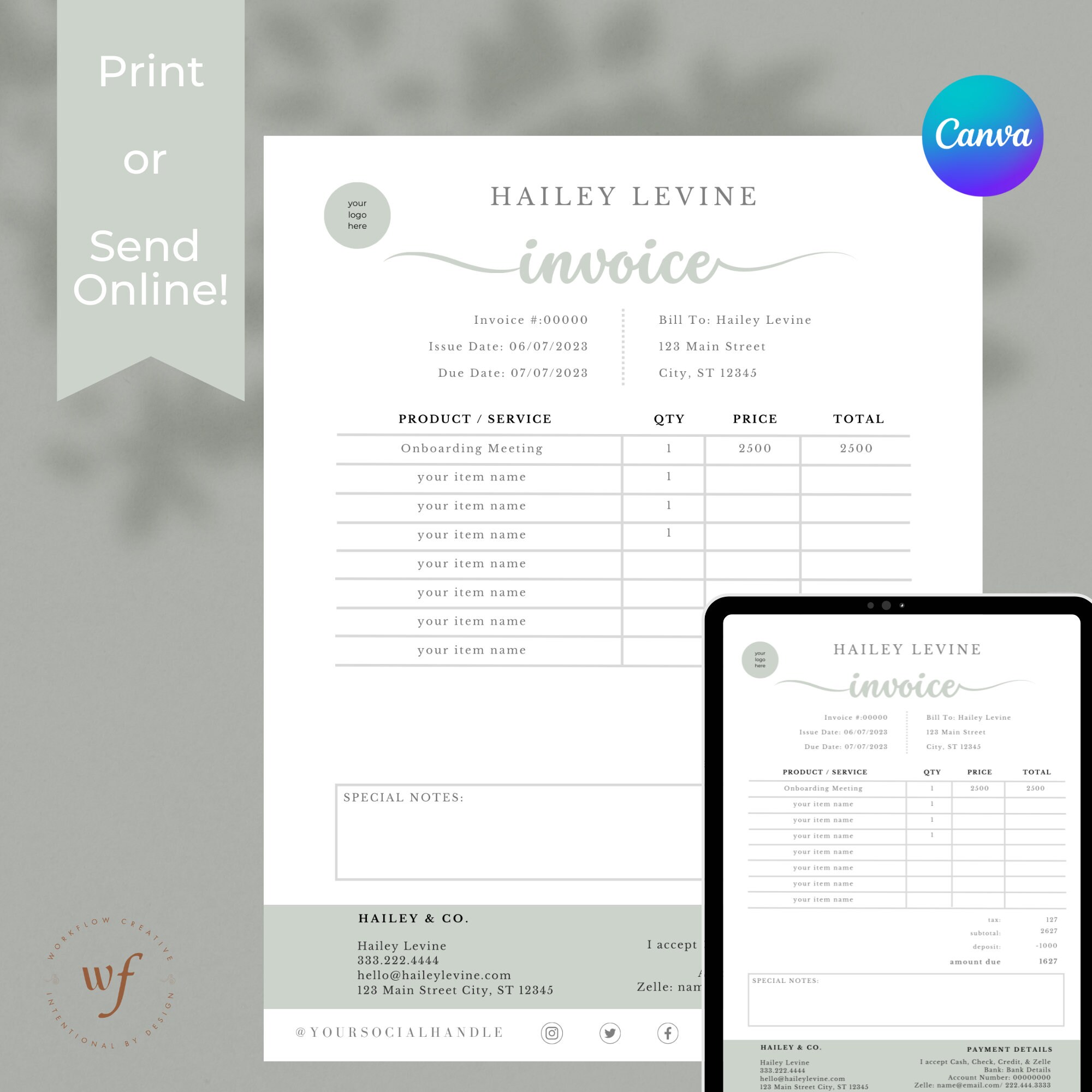 Business Invoice Template, Boho Payment Slip, Editable Canva Layout ...