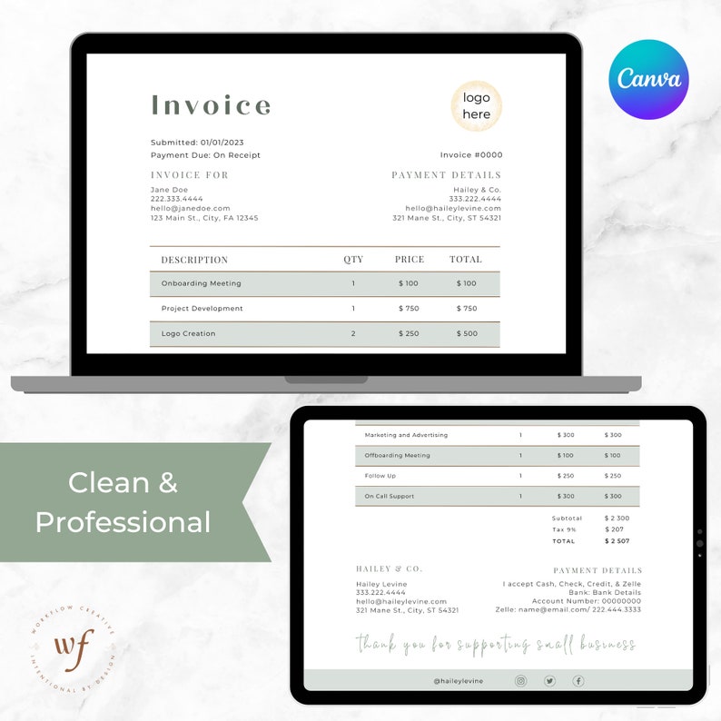 Green Invoice Template, Boho Small Business, Payable to Form ...