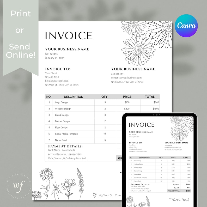 Botanical Theme Invoice Bundle, Small Business Accounting, Customizable ...