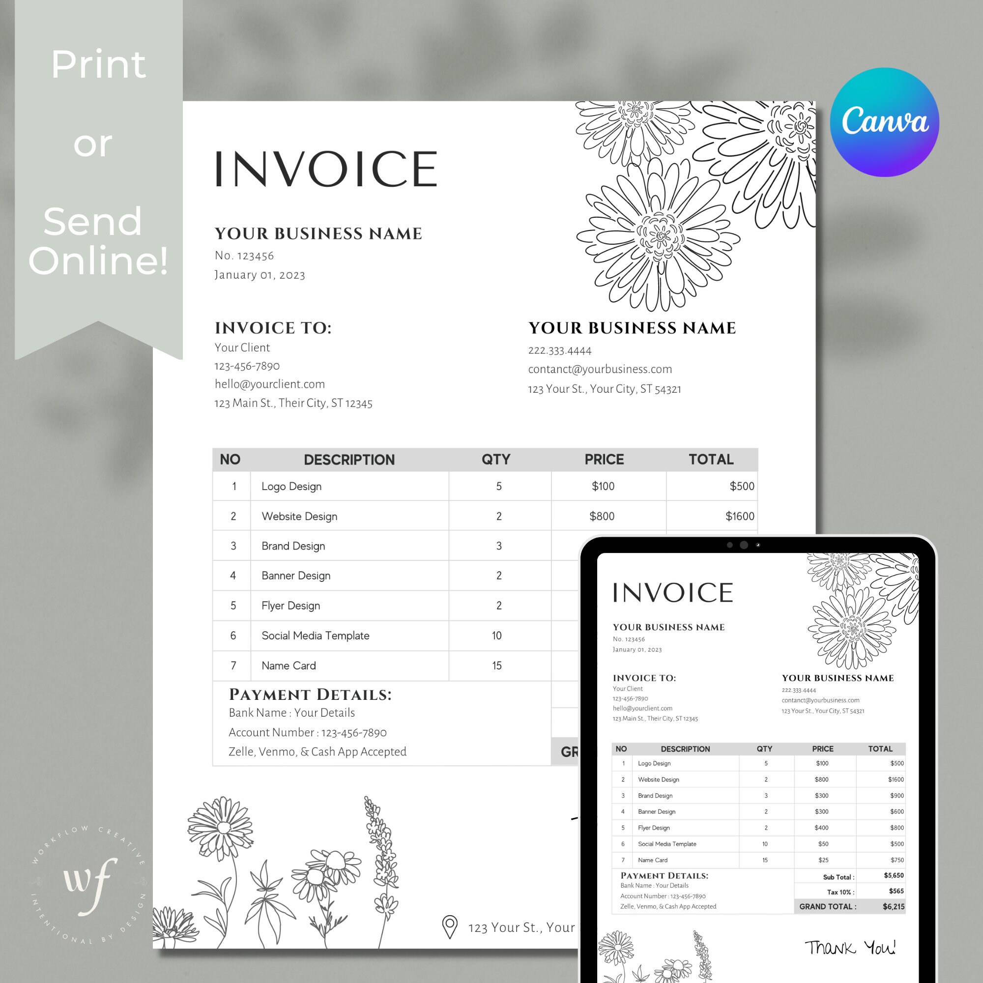 Botanical Theme Invoice Bundle, Small Business Accounting, Customizable ...