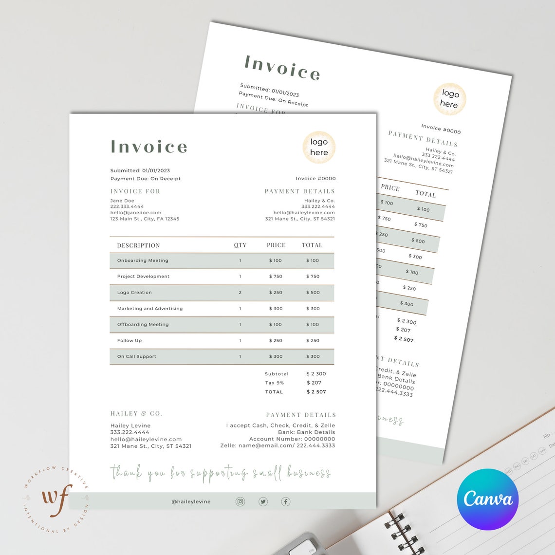 Green Invoice Template, Boho Small Business, Payable to Form ...