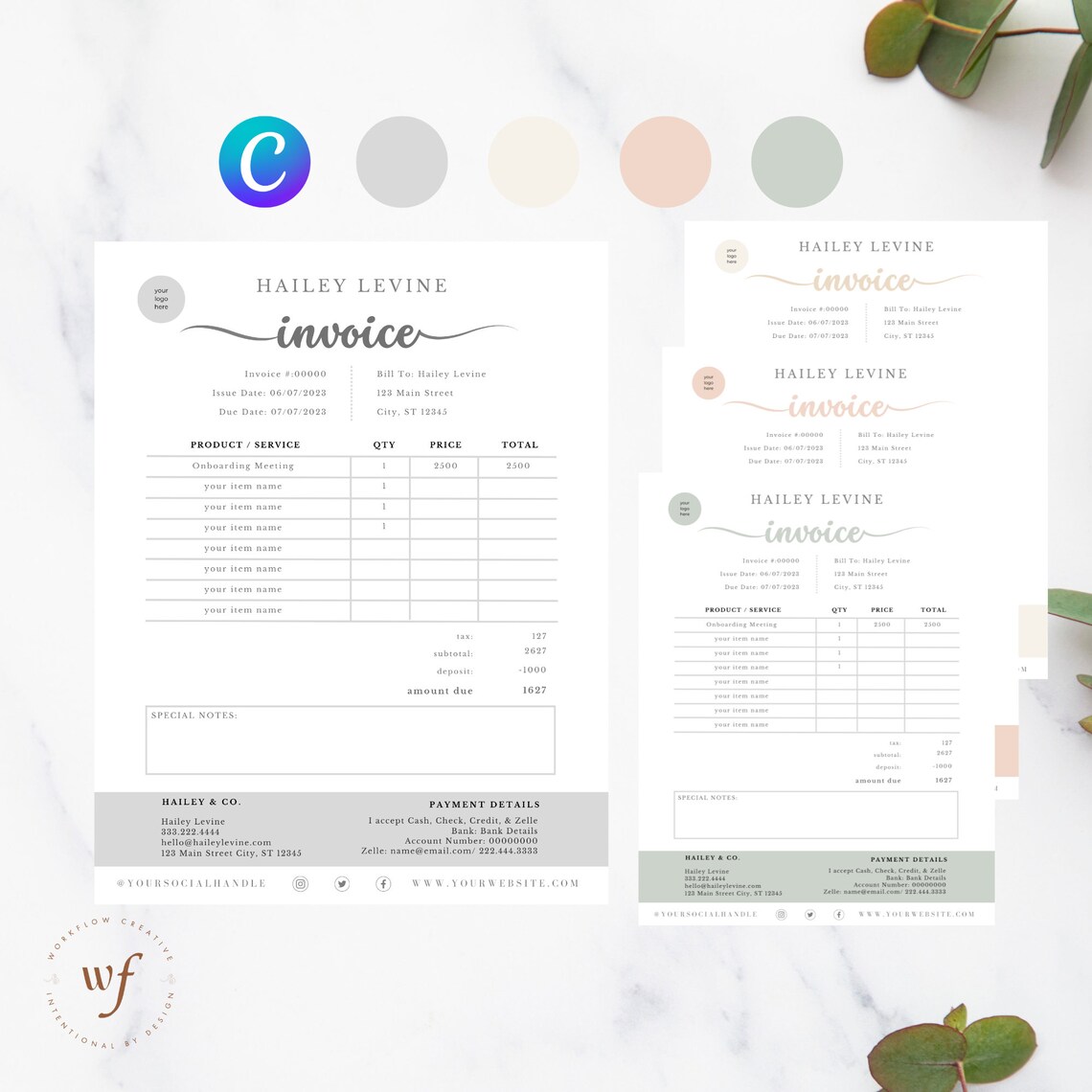 Business Invoice Template, Boho Payment Slip, Editable Canva Layout ...