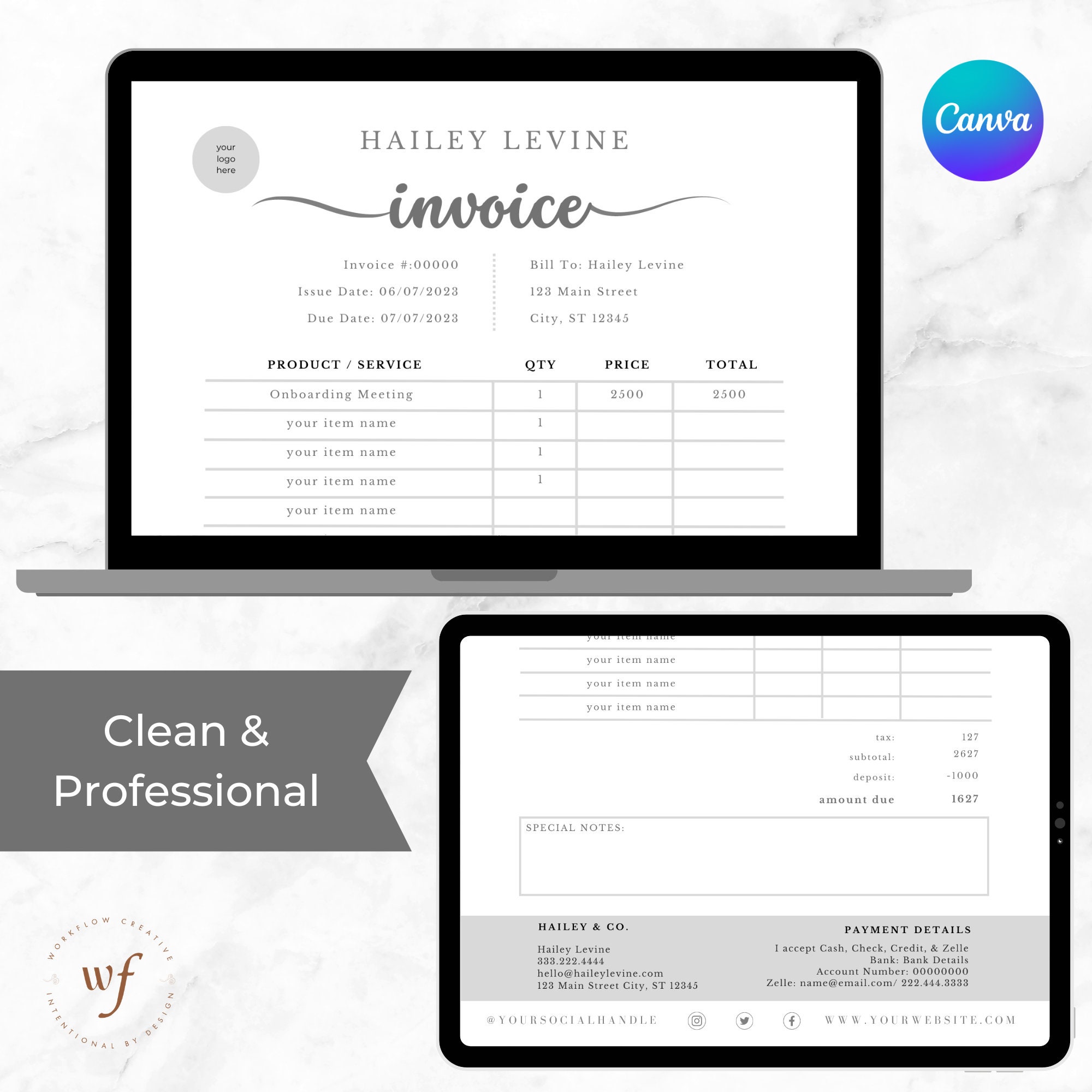 Business Invoice Template, Boho Payment Slip, Editable Canva Layout ...
