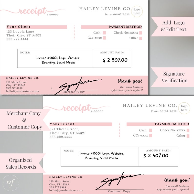 Plantilla de recibo rosa, Pequeña empresa Boho, Comprobante de compra ...