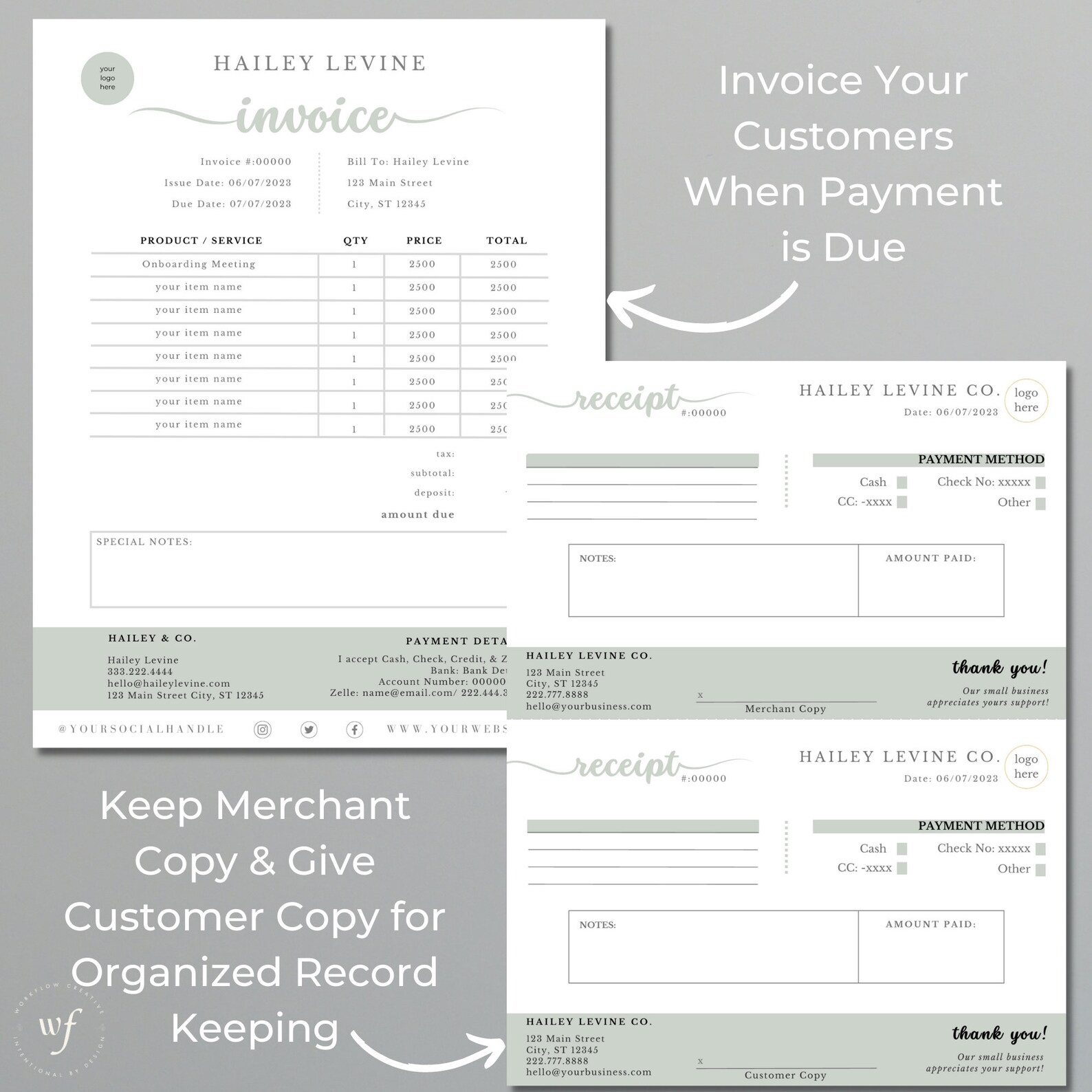 Sage Invoice and Receipt Template, Boho Bill Statement, Pay Slip, Proof ...
