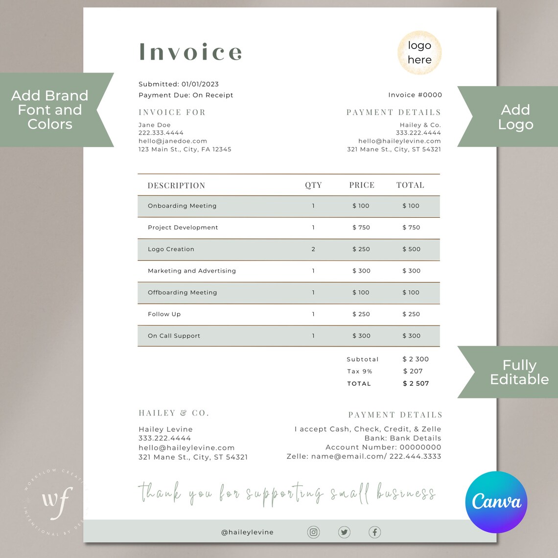 Green Invoice Template, Boho Small Business, Payable to Form ...
