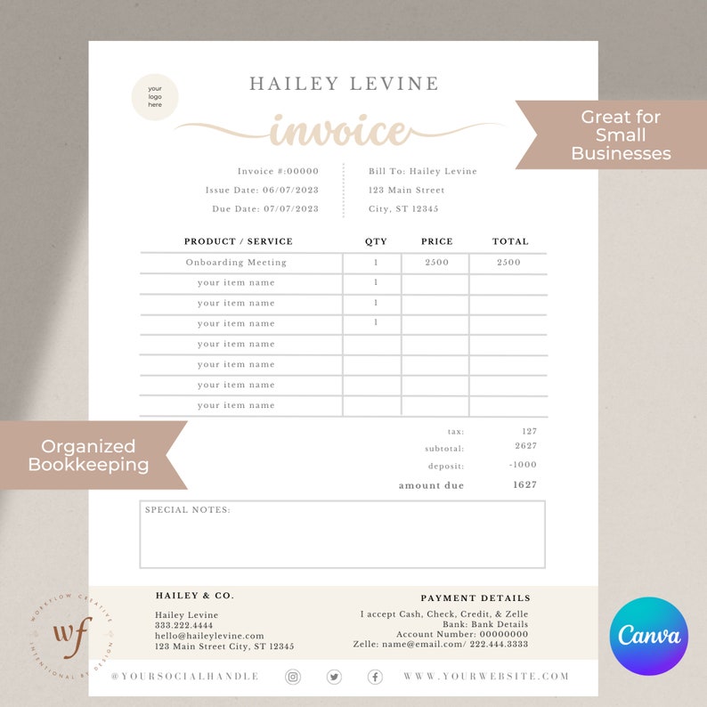 Business Invoice Template, Boho Payment Slip, Editable Canva Layout ...