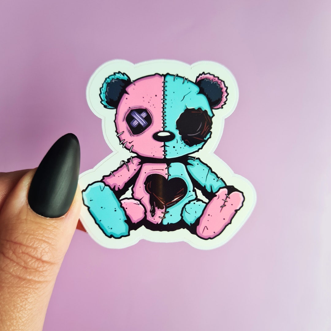 Vibrant Voodoo Teddy Sticker, Creepy Cute Tattered Bear, Pink & Blue ...