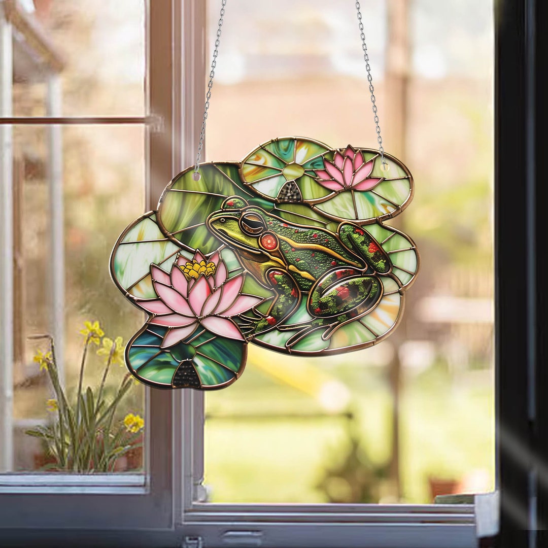 Frog Sitting on Lotus Flower 2D Acrylic Window Hanging, Funny Frog ...