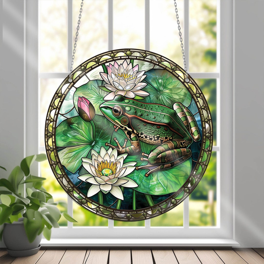 Frog Sitting on Lotus Flower, Cute Frog Window Hanging, Funny Frog ...
