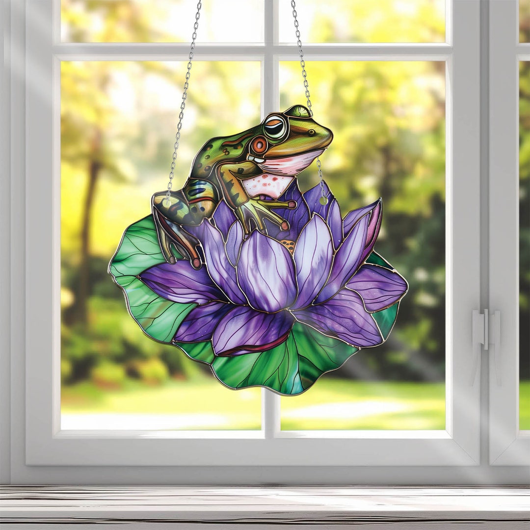Frog Sitting on Lotus Flower, Cute Frog Window Hanging, Funny Frog ...
