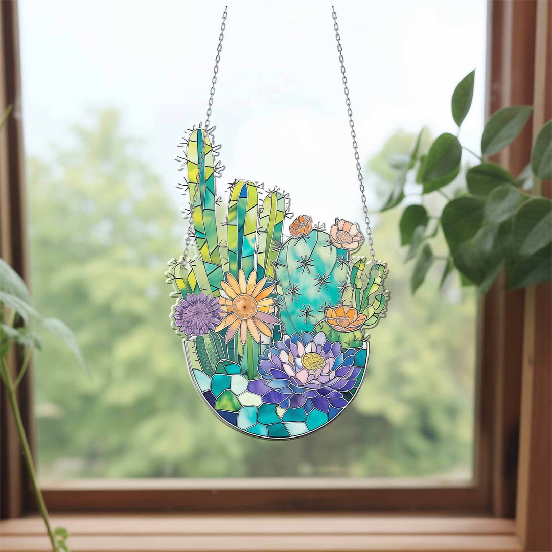 Cactus Window Hanging, Cactus Flowers Decor, Flowers Acrylic Window ...