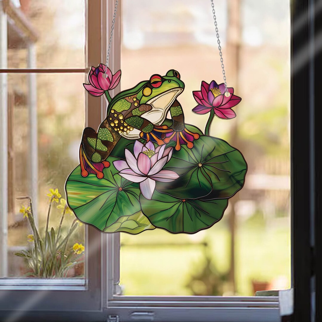 Frog Sitting on Lotus Flower, Cute Frog Window Hanging, Funny Frog ...