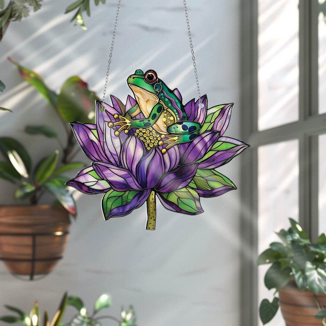 Frog Sitting on Purple Lotus Flower, Cute Frog Window Hanging, Funny ...