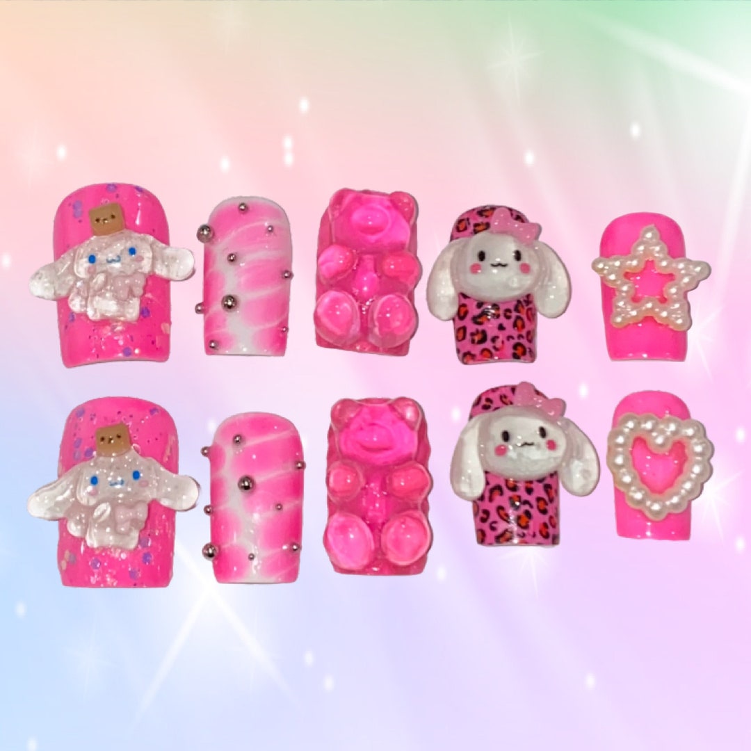 Pink Press on Nails Gummy Press on Nails Short Press on Nails Y2k Press ...