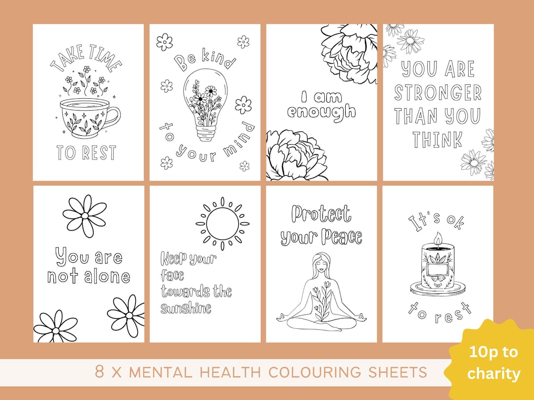 Mental Health Colouring Sheets - Printable - Adult Colouring Sheets, 8 ...