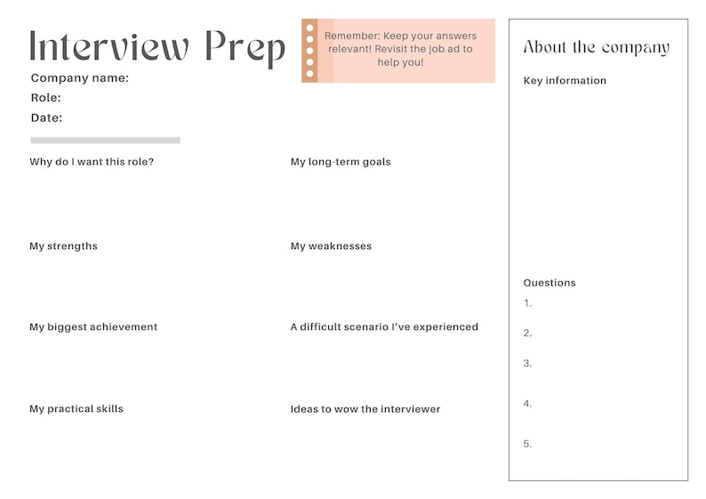 Interview Prep Worksheet Printable A4 Job Interview Planner, Interview ...