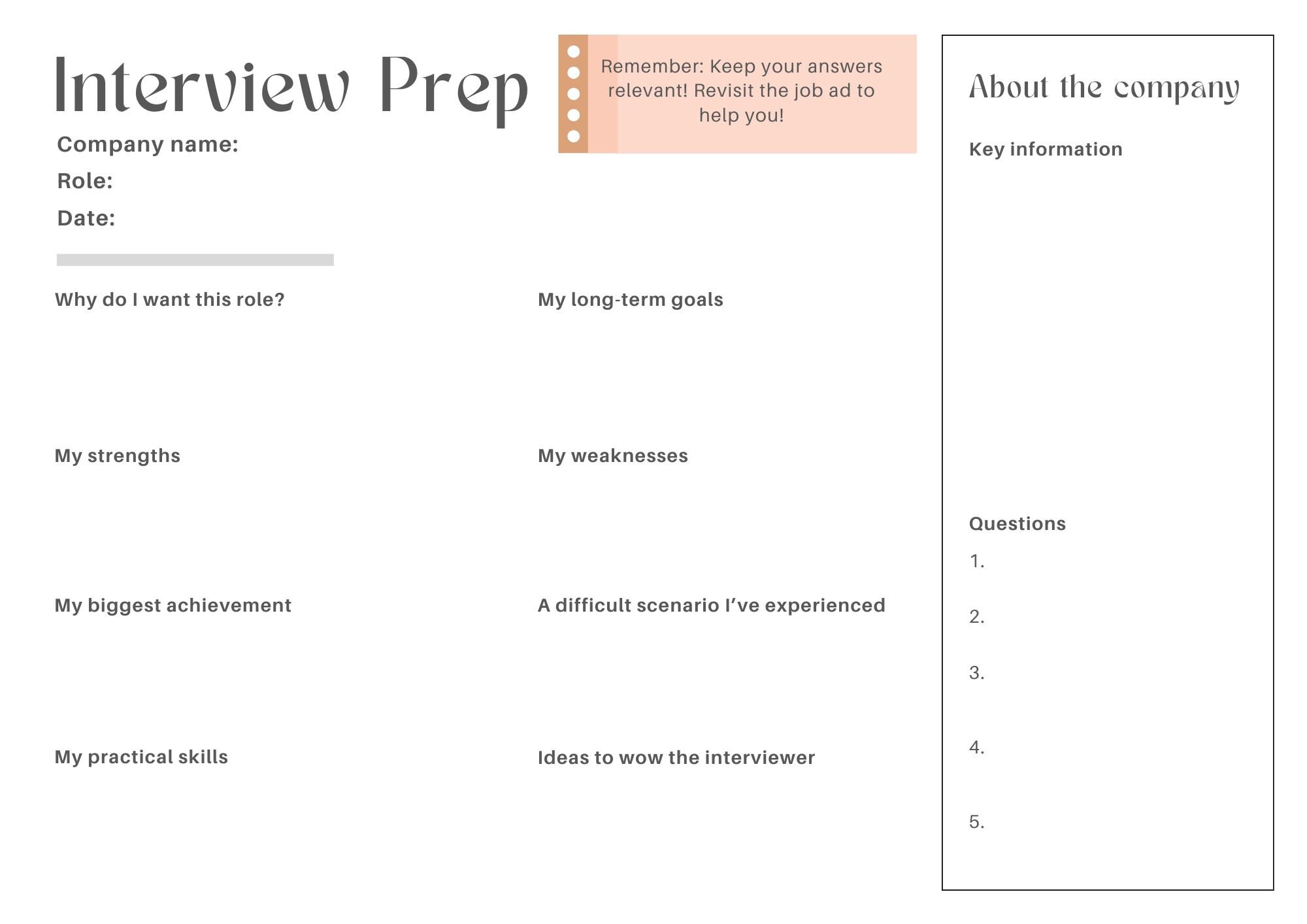 Interview Prep Worksheet Printable A4 Job Interview Planner, Interview ...