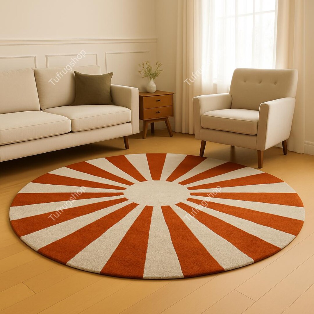 Hand Tufted Round Sunburst Rug Burnt Orange & Beige Modern Living Room ...