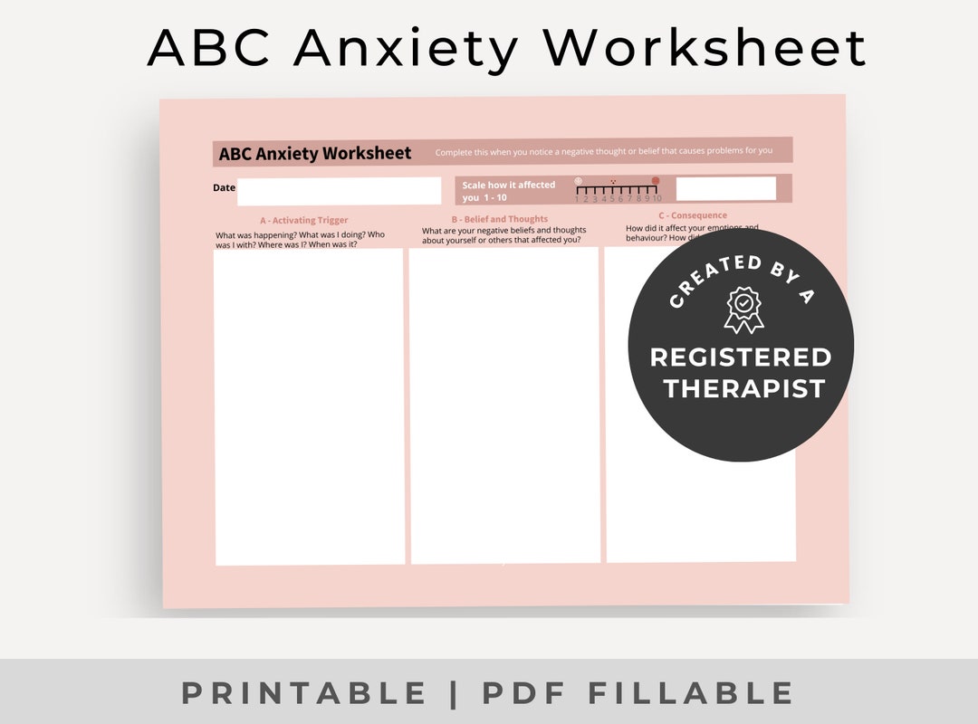 Anxiety PDF Worksheet for Adults, ABC Technique Cbt, Fillable Pdf Form ...