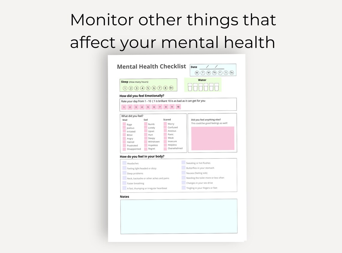 Mental Health Checklist for Adults, Mental Health Tracker, Daily Mood ...