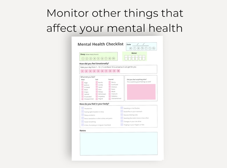 Mental Health Checklist for Adults, Mental Health Tracker, Daily Mood ...
