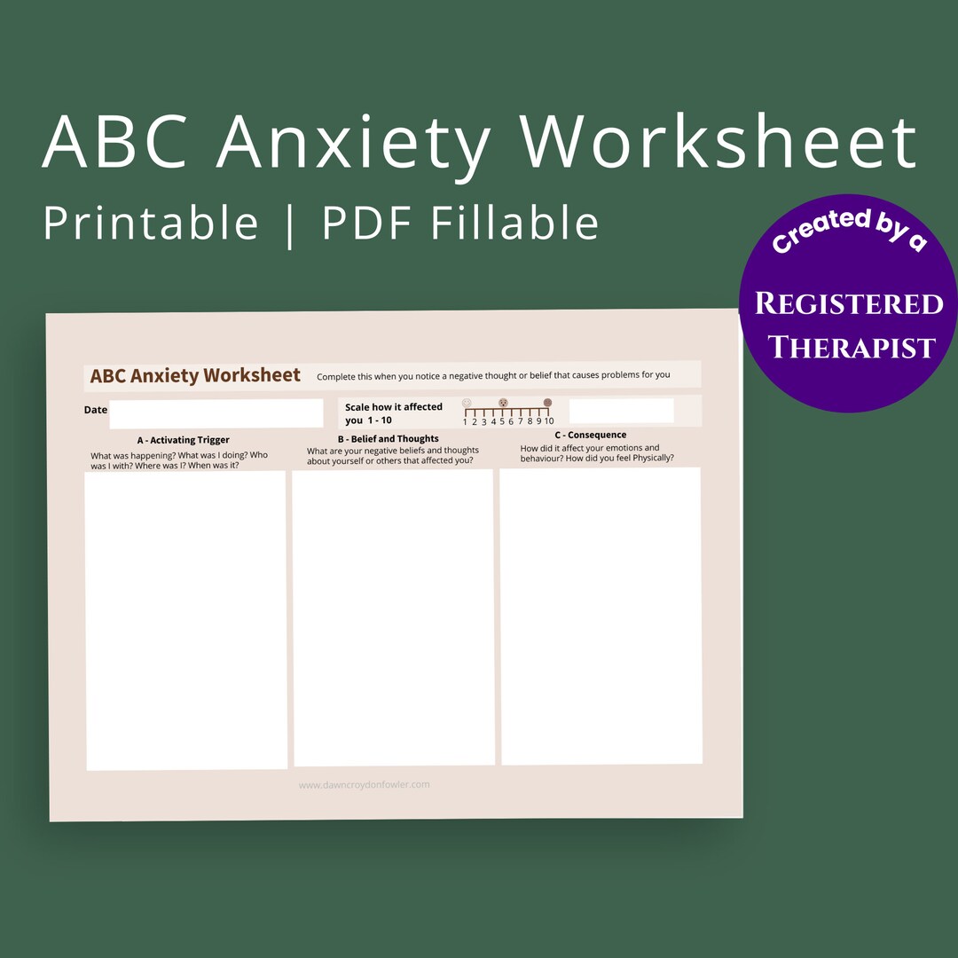 Anxiety Work Sheet Adult, Abc CBT Printable, Anxiety Management PDF ...