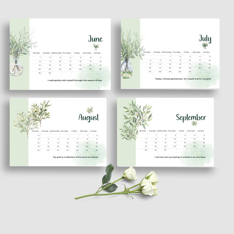 2026 Green Bereavement Calendar - Grief and Loss Affirmations - PDF ...