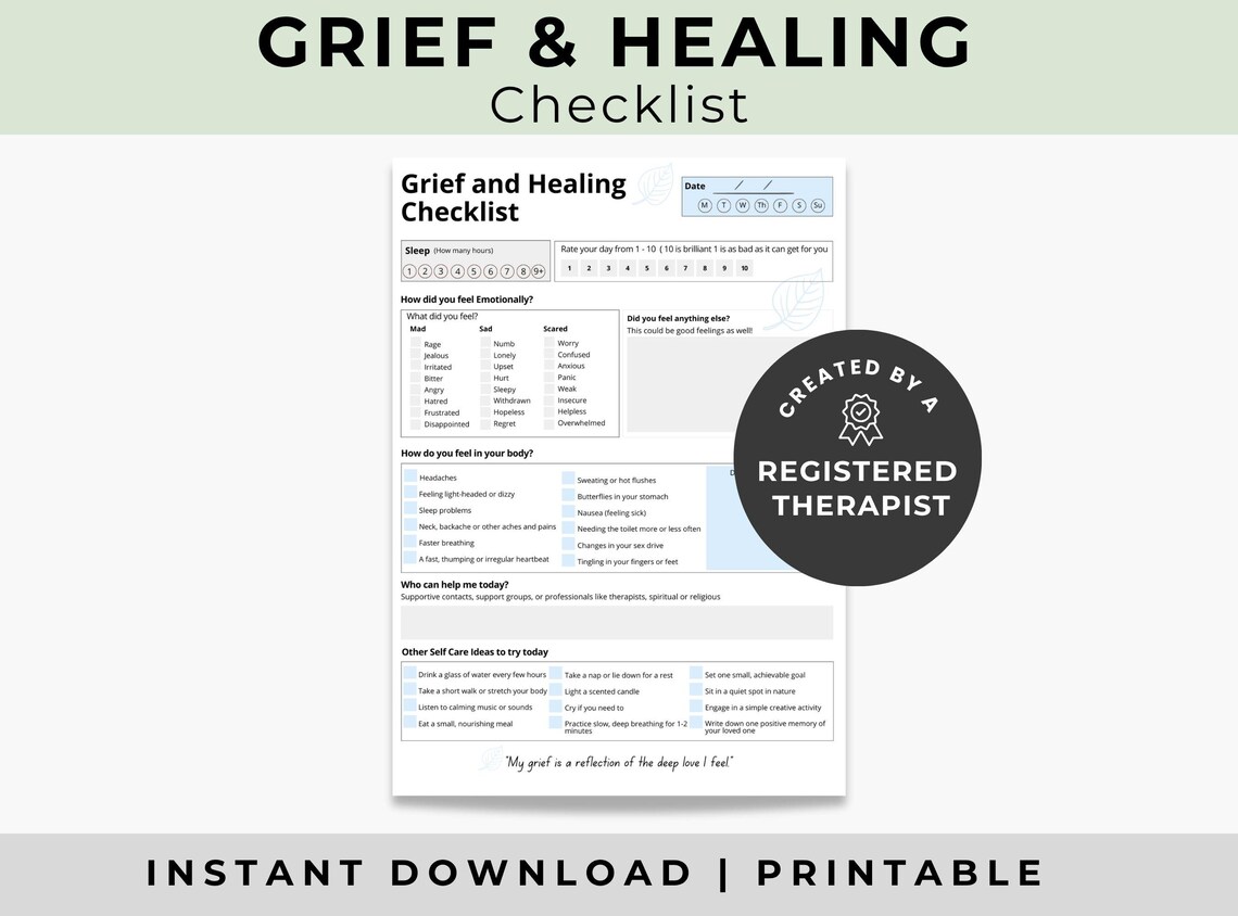 Grief Checklist, Coping Loss Worksheet for Adults, Printable Download ...