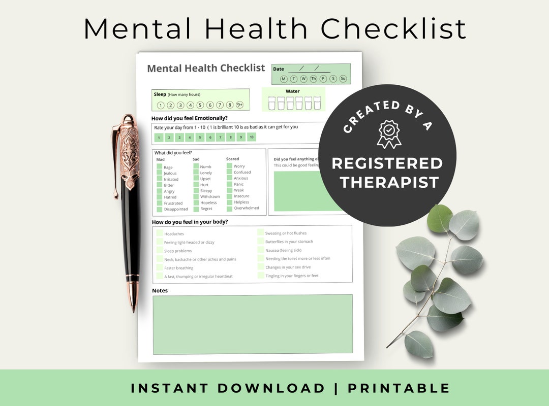 Mental Health Checklist for Adults, Mental Health Tracker, Daily Mood ...