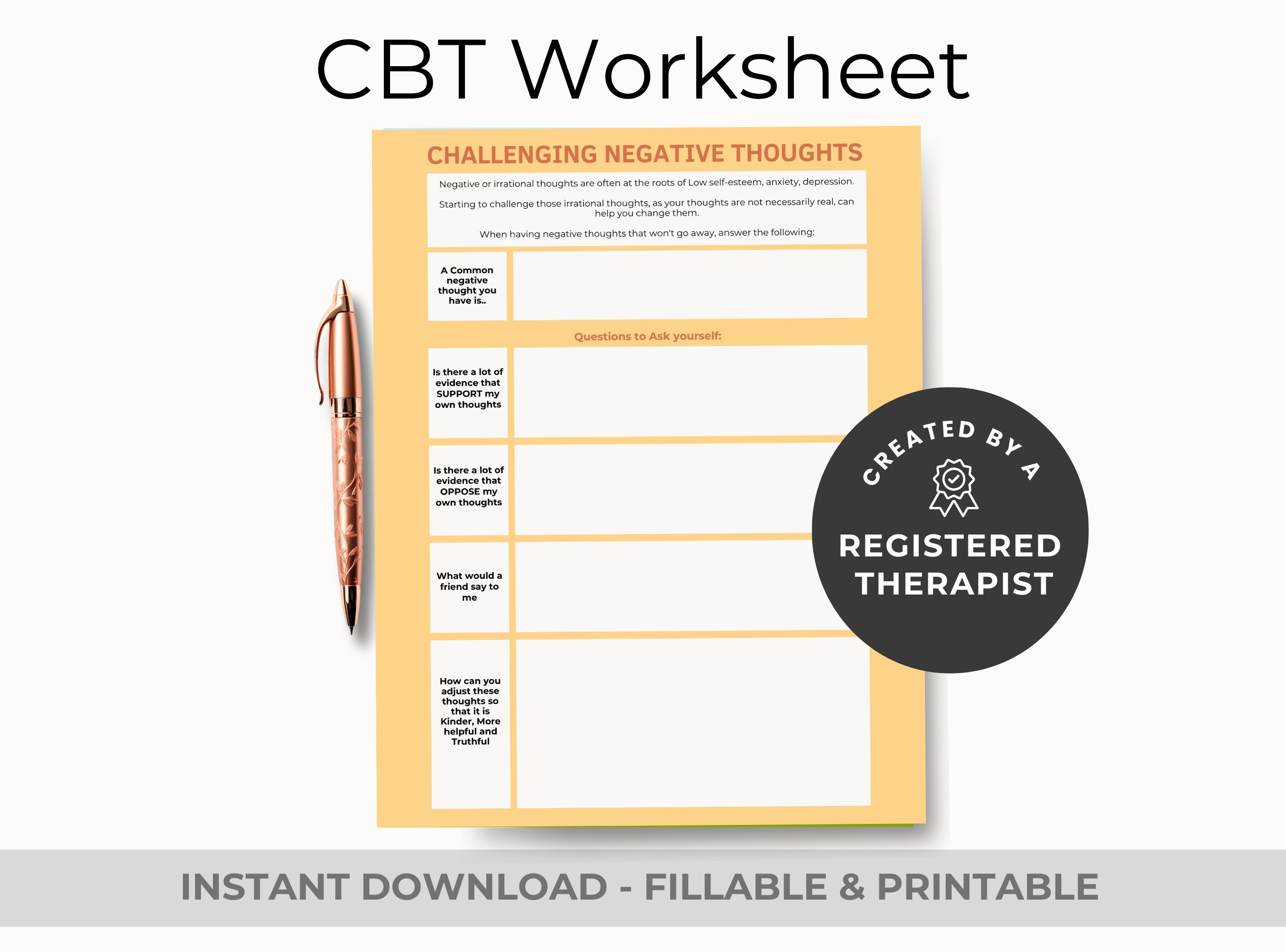 Colorful CBT Worksheet, Challenging Negative Thoughts, Fillable PDF - Etsy
