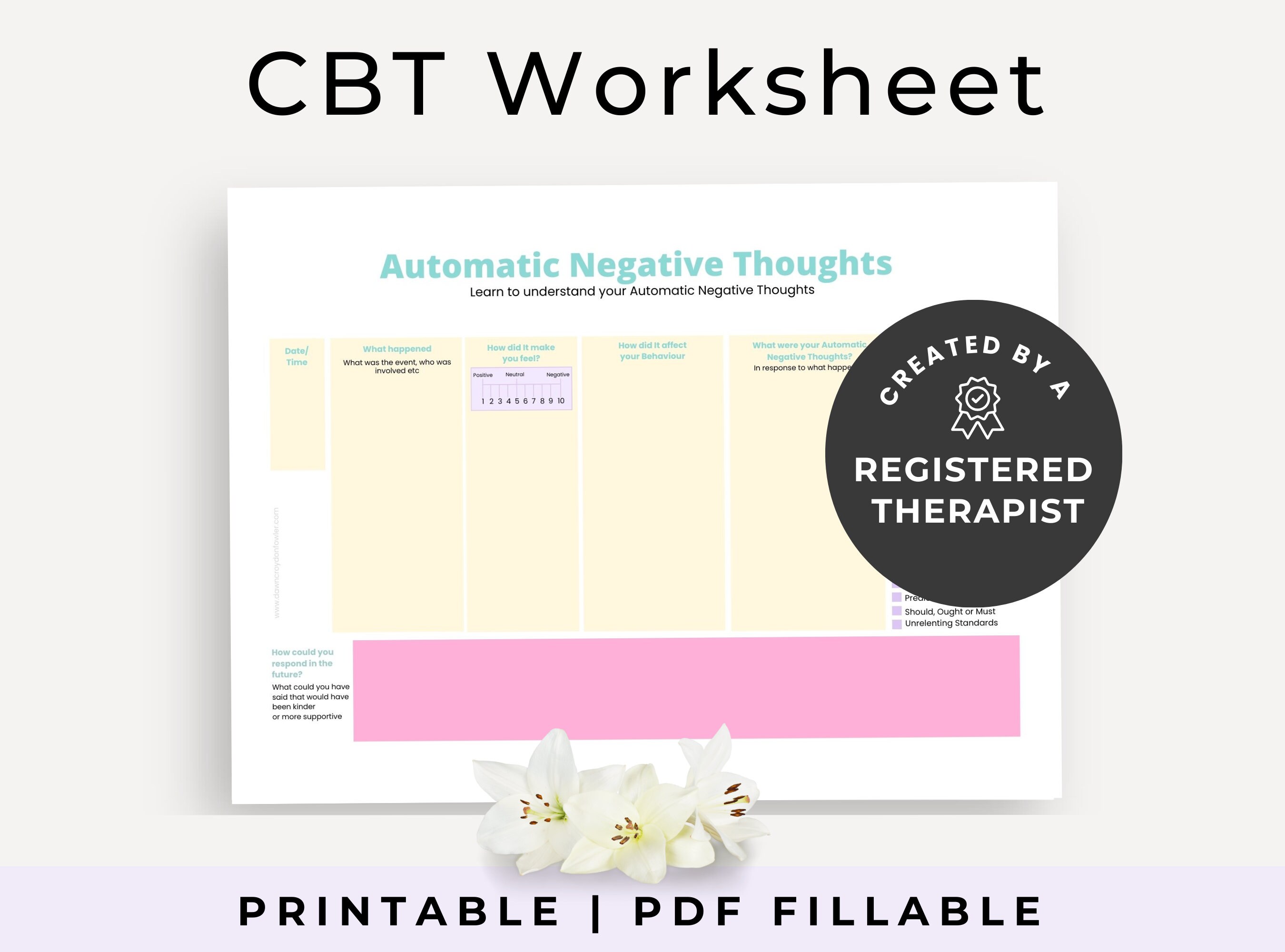 Therapy Worksheets for Adults, Automatic Negative Thoughts, Fillable ...