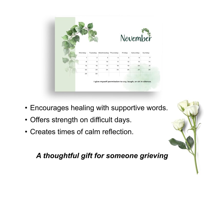 2026 Green Bereavement Calendar - Grief and Loss Affirmations - PDF ...