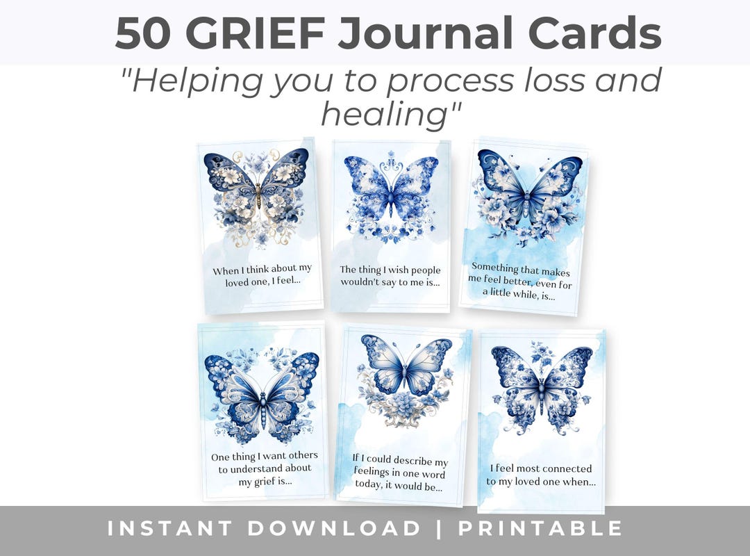 Blue Butterfly Grief Journal Cards, Writing Prompts for Managing ...