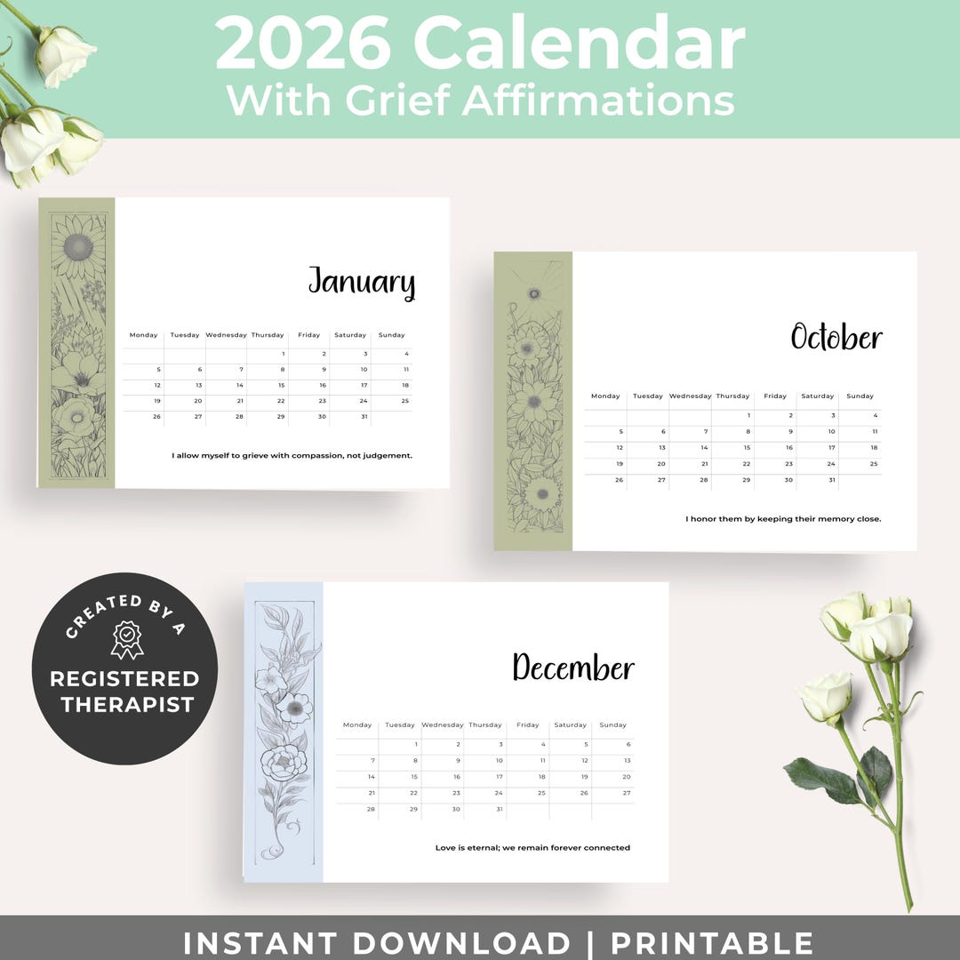 2026 Bereavement Calendar Printable PDF, Grief and Loss Affirmations ...